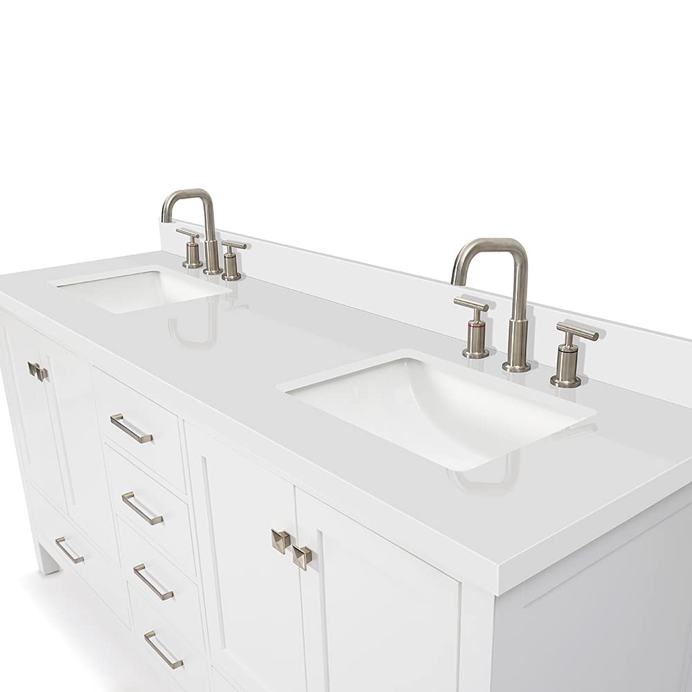 ARIEL Double Bathroom Vanity 73" Grey with 1.5" Edge Pure White Quartz Countertop & Splash, Rectangular Sinks, 4 Soft Closing Doors, 6 Full Extension Dovetail Drawers, Brushed Nickel (White)