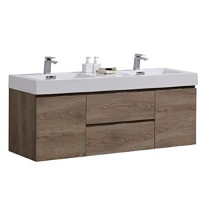 bliss 60" double sink butternut wall mount modern bathroom vanity