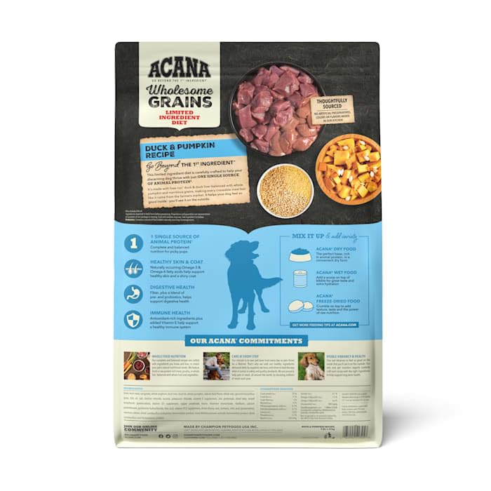 ACANA Wholesome Grains Limited Ingredient Diet Dry Dog Food, Duck & Pumpkin Recipe, Single Protein Duck Dog Food, 4lb