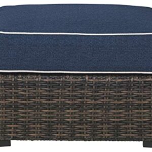 Signature Design by Ashley Grasson Lane Outdoor Patio Upholstered Ottoman with Wicker Base, Blue