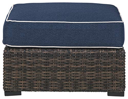 Signature Design by Ashley Grasson Lane Outdoor Patio Upholstered Ottoman with Wicker Base, Blue