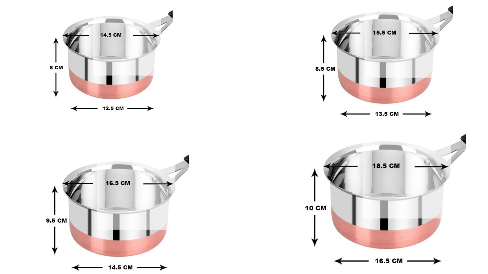 4 Pcs Set - Stainless Steel Copper Bottom Saucepan, Tea Coffee Pan, Milk Pan, Tapeli Patila, Sauce Pot (Capacity-800 ml,1200 ml,1700 ml, and 2000 ml).