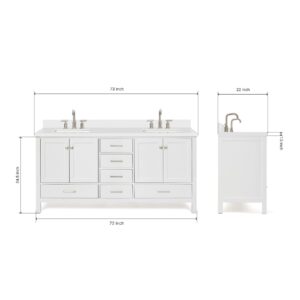 ARIEL Double Bathroom Vanity 73" Grey with 1.5" Edge Pure White Quartz Countertop & Splash, Rectangular Sinks, 4 Soft Closing Doors, 6 Full Extension Dovetail Drawers, Brushed Nickel (White)