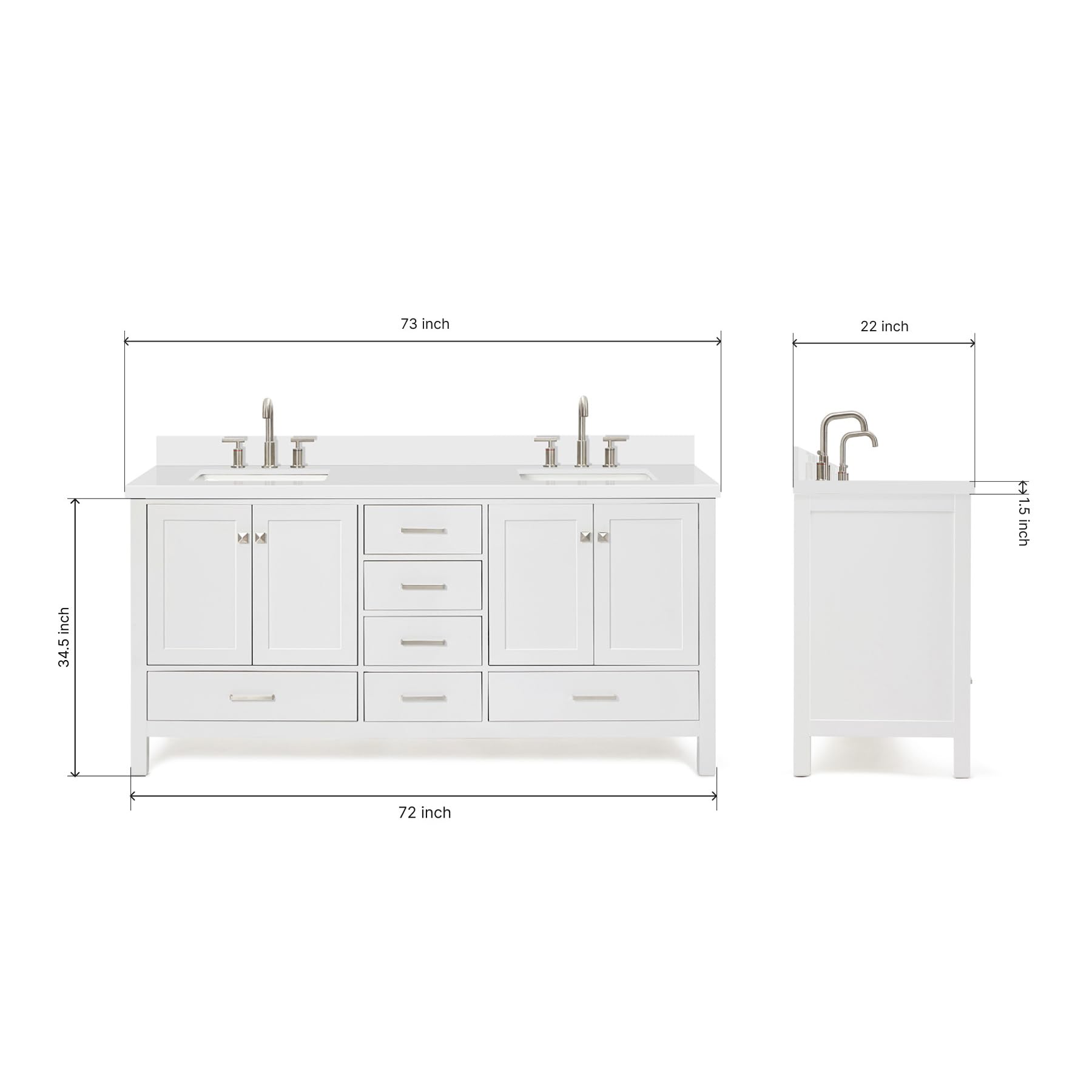 ARIEL Double Bathroom Vanity 73" Grey with 1.5" Edge Pure White Quartz Countertop & Splash, Rectangular Sinks, 4 Soft Closing Doors, 6 Full Extension Dovetail Drawers, Brushed Nickel (White)