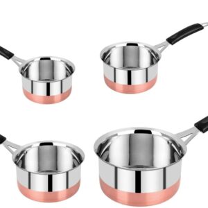 4 Pcs Set - Stainless Steel Copper Bottom Saucepan, Tea Coffee Pan, Milk Pan, Tapeli Patila, Sauce Pot (Capacity-800 ml,1200 ml,1700 ml, and 2000 ml).