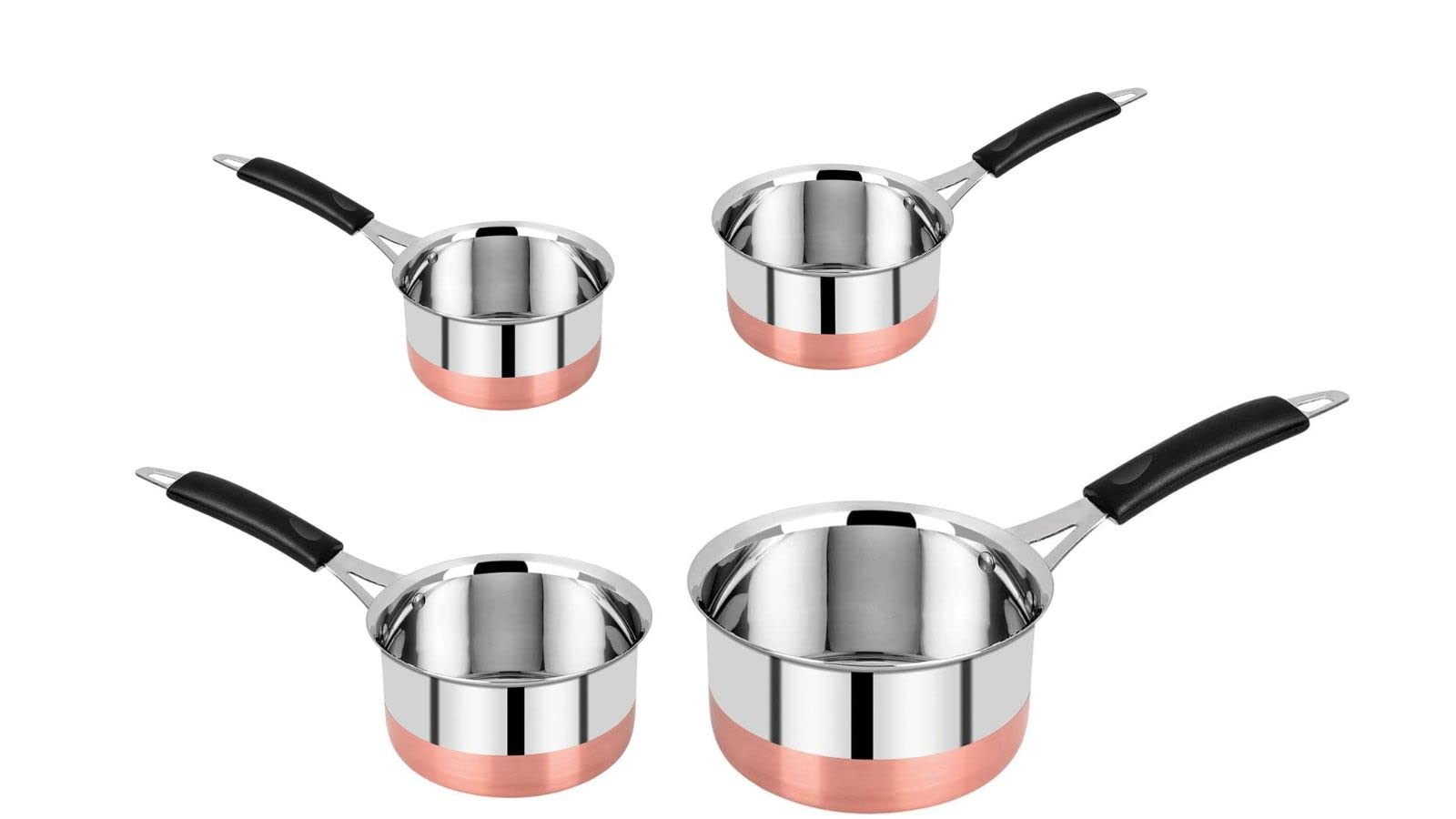 4 Pcs Set - Stainless Steel Copper Bottom Saucepan, Tea Coffee Pan, Milk Pan, Tapeli Patila, Sauce Pot (Capacity-800 ml,1200 ml,1700 ml, and 2000 ml).