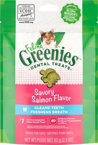 FELINE GREENIES Adult Natural Dental Care Cat Treats, Savory Salmon Flavor, 2.1 oz. Pouch