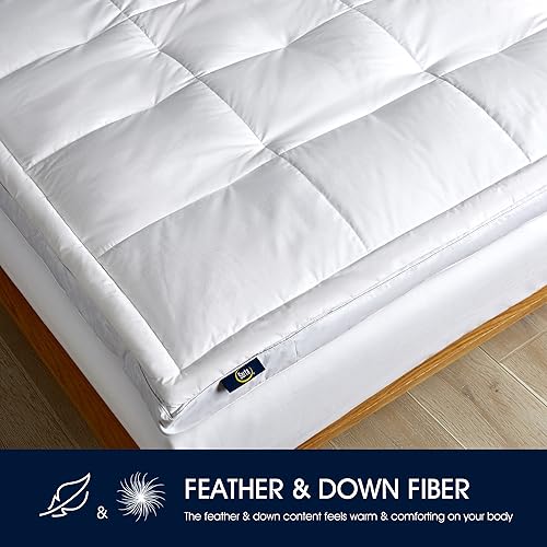 Serta Feather and Down Fiber Pillow Top Mattress Topper Queen Size - 233 Thread Count 100% Cotton Mattress Pad Ultra Soft 2-Inch Support Feather Bed-White