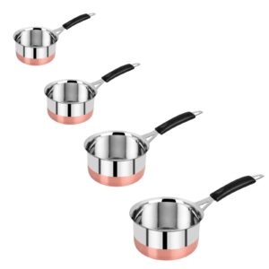 4 pcs set - stainless steel copper bottom saucepan, tea coffee pan, milk pan, tapeli patila, sauce pot (capacity-800 ml,1200 ml,1700 ml, and 2000 ml).