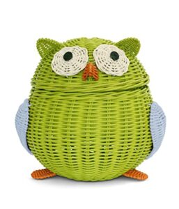 g6 collection owl rattan storage basket with lid decorative bin home decor hand woven shelf organizer cute handmade handcrafted nursery gift animal decoration artwork wicker hoot owl (large, green)