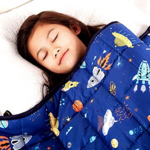 sleepymoon small weighted blanket for kids boys 5lbs 36''×48''breathable 100% organic cotton navy minky with glass beads for better sleep galaxy spaceship rocket blue