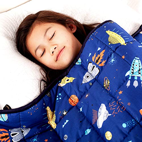 Sleepymoon Small Weighted Blanket for Kids Boys 5lbs 36''×48''Breathable 100% Organic Cotton Navy Minky with Glass Beads for Better Sleep Galaxy Spaceship Rocket Blue