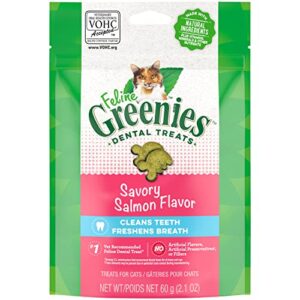 feline greenies adult natural dental care cat treats, savory salmon flavor, 2.1 oz. pouch