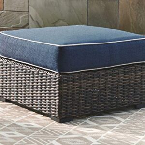 Signature Design by Ashley Grasson Lane Outdoor Patio Upholstered Ottoman with Wicker Base, Blue