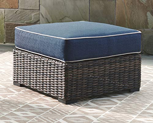 Signature Design by Ashley Grasson Lane Outdoor Patio Upholstered Ottoman with Wicker Base, Blue