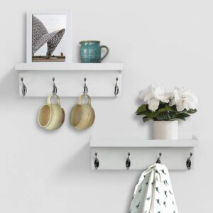 zgzd white wall mounted coat rack with shelf entryway hanging shelves with 4 double hooks, set of 2