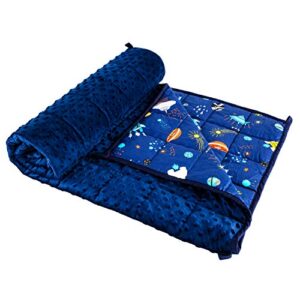 Sleepymoon Small Weighted Blanket for Kids Boys 5lbs 36''×48''Breathable 100% Organic Cotton Navy Minky with Glass Beads for Better Sleep Galaxy Spaceship Rocket Blue