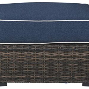 Signature Design by Ashley Grasson Lane Outdoor Patio Upholstered Ottoman with Wicker Base, Blue