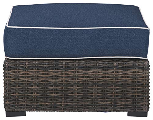 Signature Design by Ashley Grasson Lane Outdoor Patio Upholstered Ottoman with Wicker Base, Blue