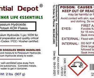 32 lbs Potassium Hydroxide Flakes KOH Caustic Potash Anhydrous KOH Dry Electrolyte - 16 x 2lb Bottles - Lye Drain Cleaner - HDPE container with resealable Child Resistant cap