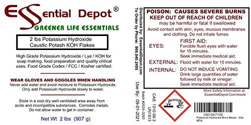 32 lbs Potassium Hydroxide Flakes KOH Caustic Potash Anhydrous KOH Dry Electrolyte - 16 x 2lb Bottles - Lye Drain Cleaner - HDPE container with resealable Child Resistant cap