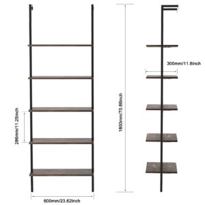 Wakefit Ladder Shelf Industrial Bookshelf, 5-Tier Ladder Bookshelf with Metal and Wood, Wall Mounted Modern Bookcase Display Shelf Organizer for Home Office, Bedroom and Living Room, Dark Walnut