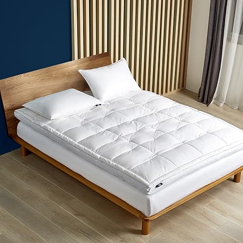 Serta Feather and Down Fiber Pillow Top Mattress Topper Queen Size - 233 Thread Count 100% Cotton Mattress Pad Ultra Soft 2-Inch Support Feather Bed-White