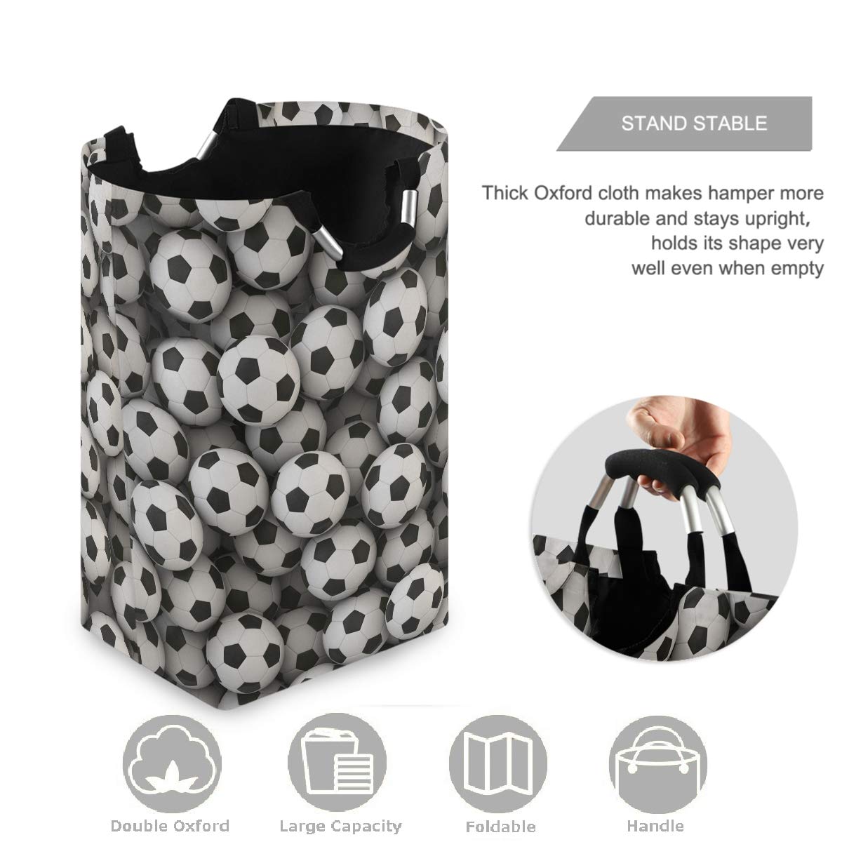 visesunny Collapsible Laundry Basket Soccer Ball 3D Print Large Laundry Hamper Oxford Fabric Dirty Clothes Toy Organizer with Handle for Bathroom Bedroom Kids Room Dorm