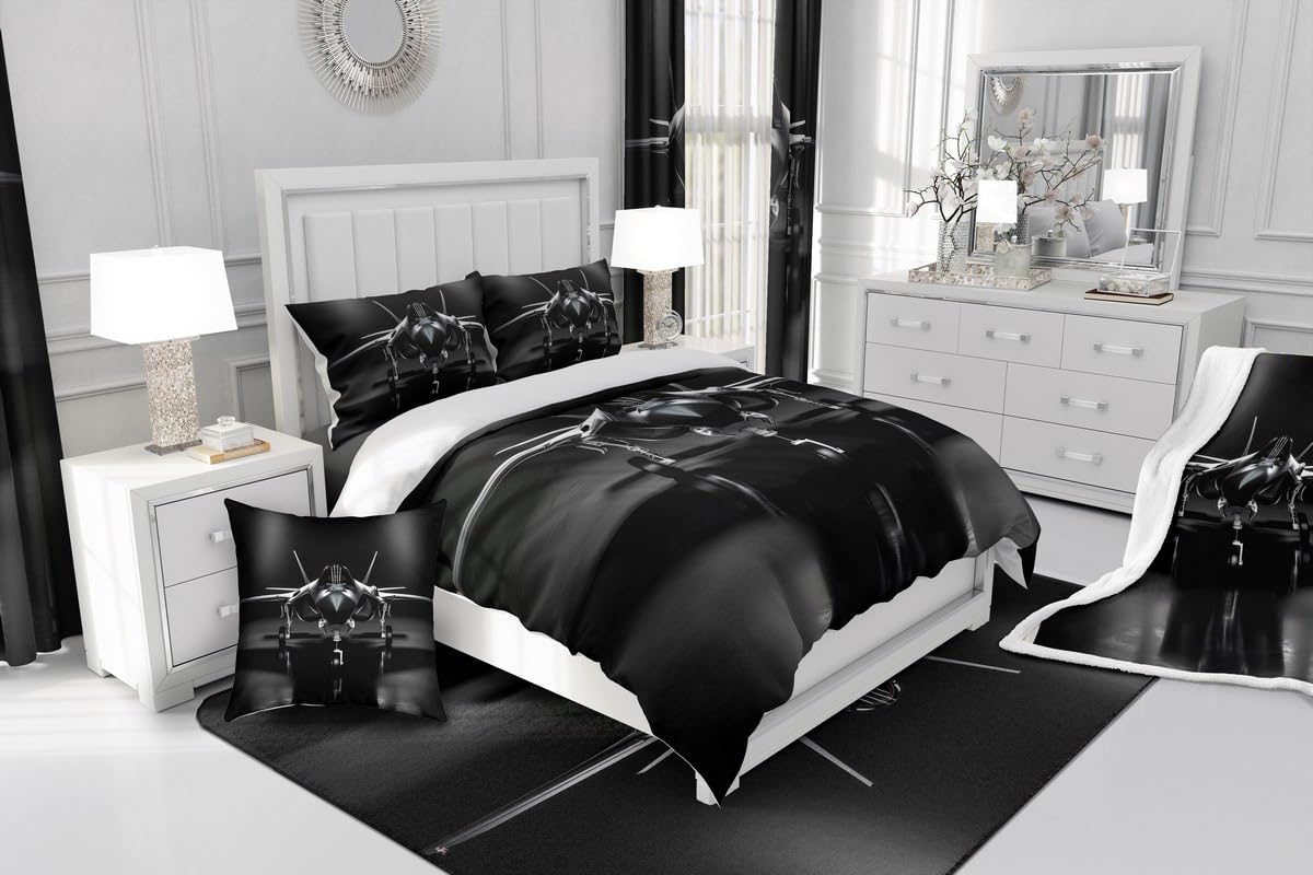 Erosebridal 3D Fighter Aircraft Comforter Set Boys Bedroom Decorative Kids Duvet Cover Black Airplane Printed Bedding Set Soft Microfiber Quilt Cover for Home Hotel Dorm (Full Size)