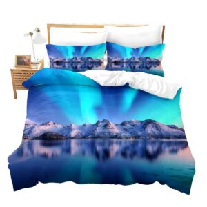 feelyou aurora theme bedding sets aurora borealis northern lights duvet cover nature astronomical landscape, snow mountain pattern comforter set for kids teens, 3-piece queen bedding decoration gift