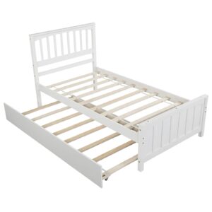 Harper & Bright Designs Twin Bed Frame with Trundle, Kids Platform Twin Bed with Pull Out Trundle,Solid Wood, No Box Spring Needed (White (Trundle))