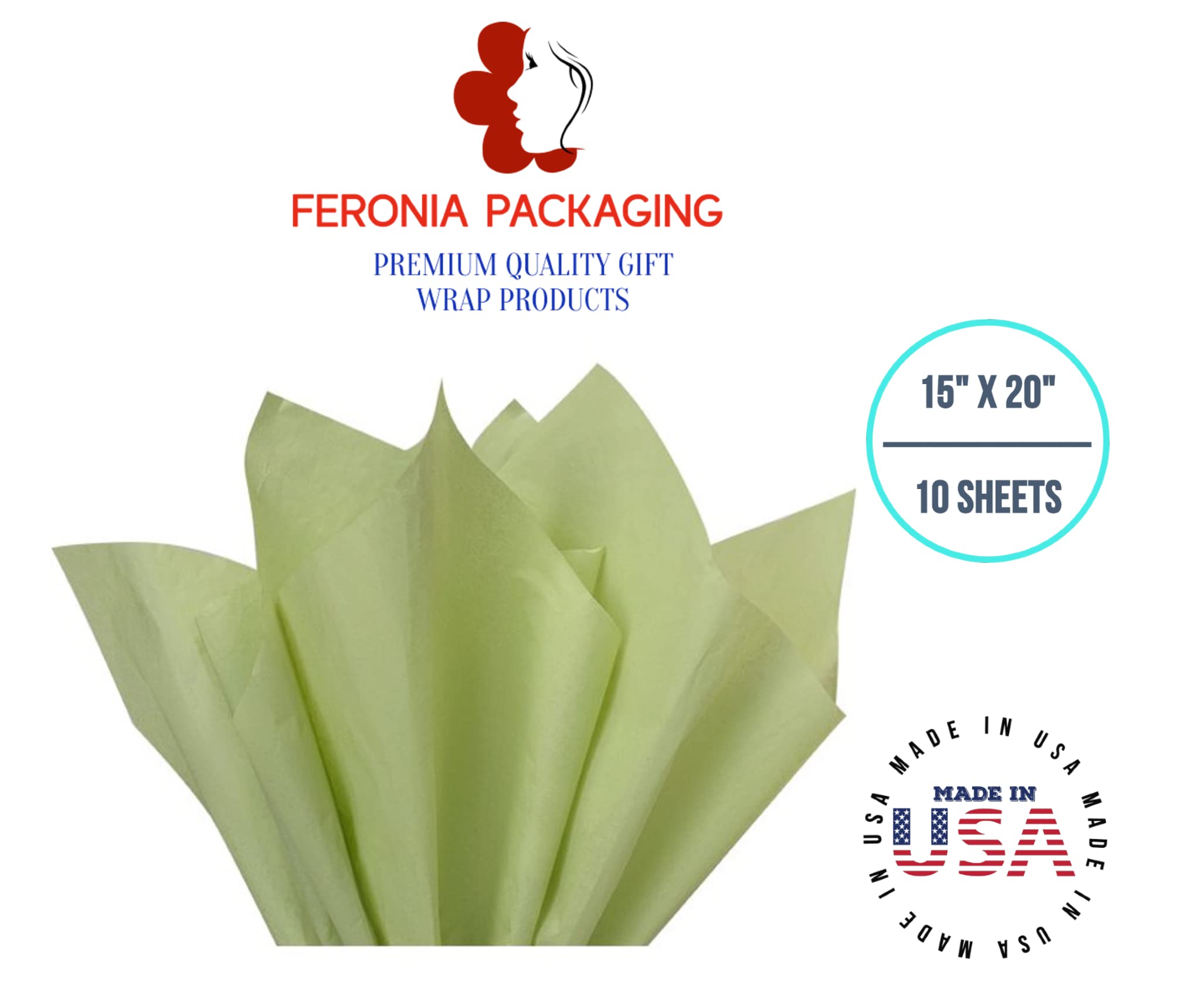 Feronia packaging Sage Tissue Paper Squares, Bulk 10 Sheets, Premium Gift Wrap and Art Supplies for Birthdays, Holidays, or Presents, Large 15 Inch x 20 Inch Made in USA