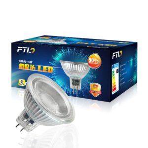 FTL MR16 LED Light Bulbs 3000K Warm White AC/DC 12V Non Dimmable Glass Cover 5W 500lm GU5.3 Spotlight 50W Halogen Replacement for Track Lighting and Outdoor Landscape 6-Pack