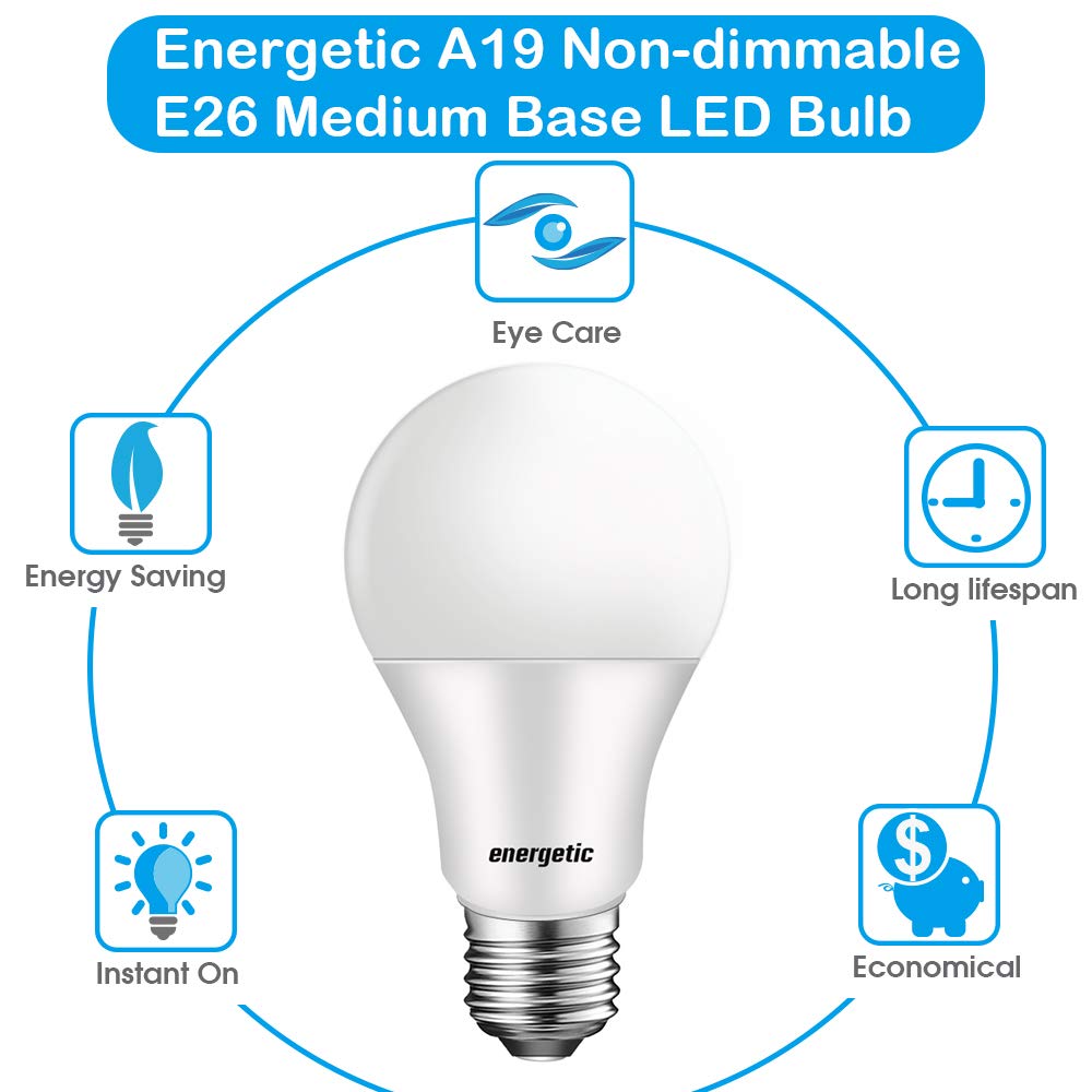 Energetic Lighting 24 Pack Led Bulbs 60 Watt A19, Warm White 3000K, E26 Medium Base LED Light Bulbs, 750 Lumens, Non-dimmable, UL Listed