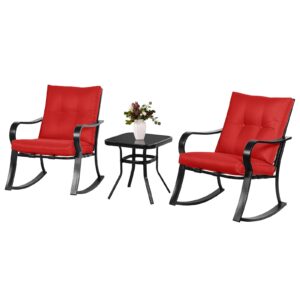 crownland outdoor rocking chairs patio furniture 3 piece patio set bistro table set black ironl with thickened cushions and glass coffee table, red