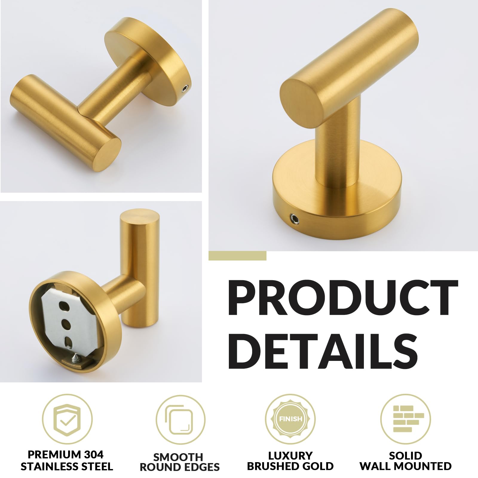 APLusee Robe Towel Hook, SUS 304 Stainless Steel Modern Home Storage Coat Hanger, Brushed Gold Wall Hook for Bath Toilet Kitchen Garage