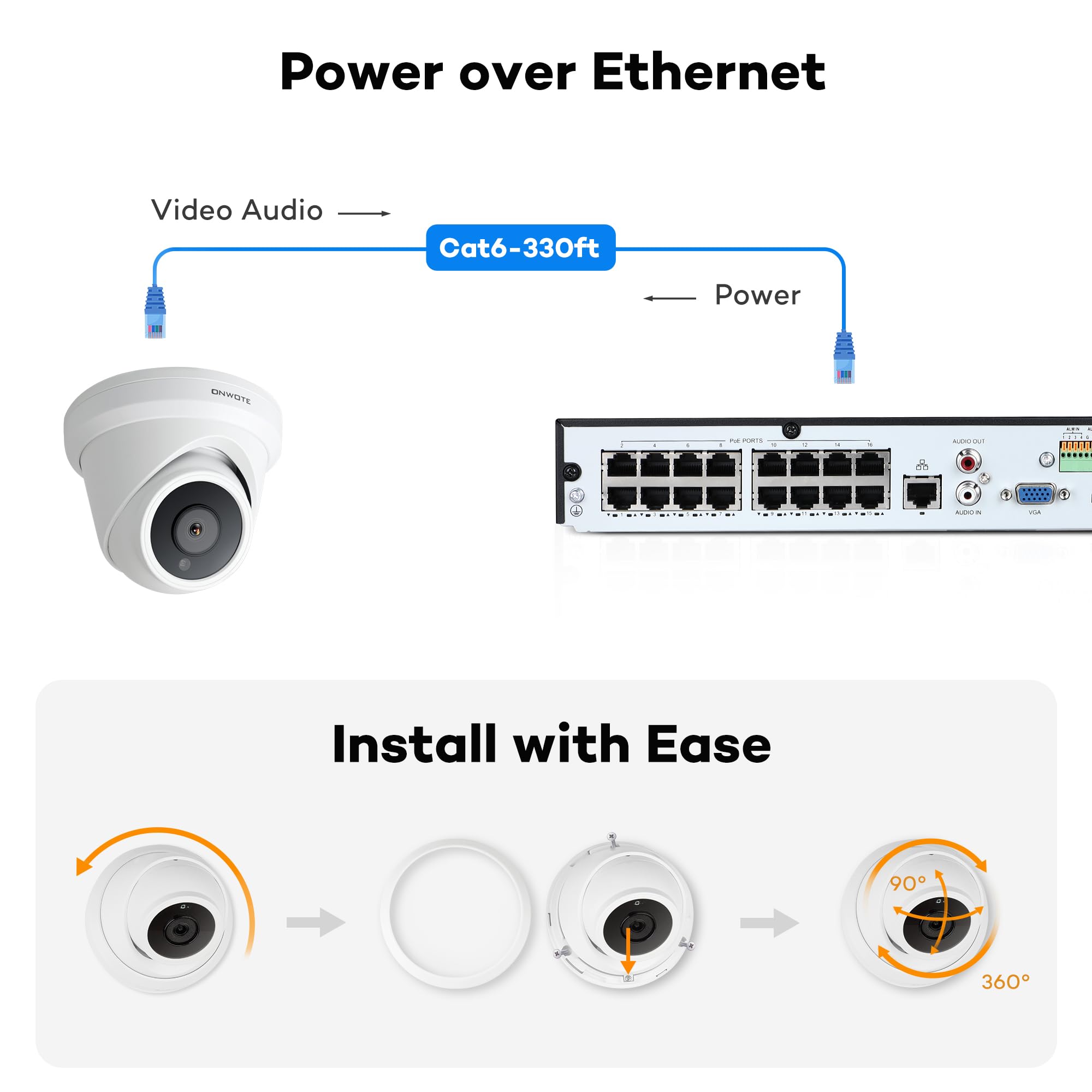 ONWOTE 4K 8MP UltraHD PoE IP Security Camera Turret, AI Human Vehicle Detection, 3840x2160 8 Megapixels, 128° Field of View, Video Audio, Indoor Outdoor, 100ft IR, Add-on Camera to PoE NVR System