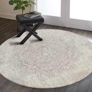 lahome vintage medallion round rug 3ft - non-slip distressed area rug small accent throw rugs floor carpet for door mat entryway bedroom laundry room decor (3ft, gray)