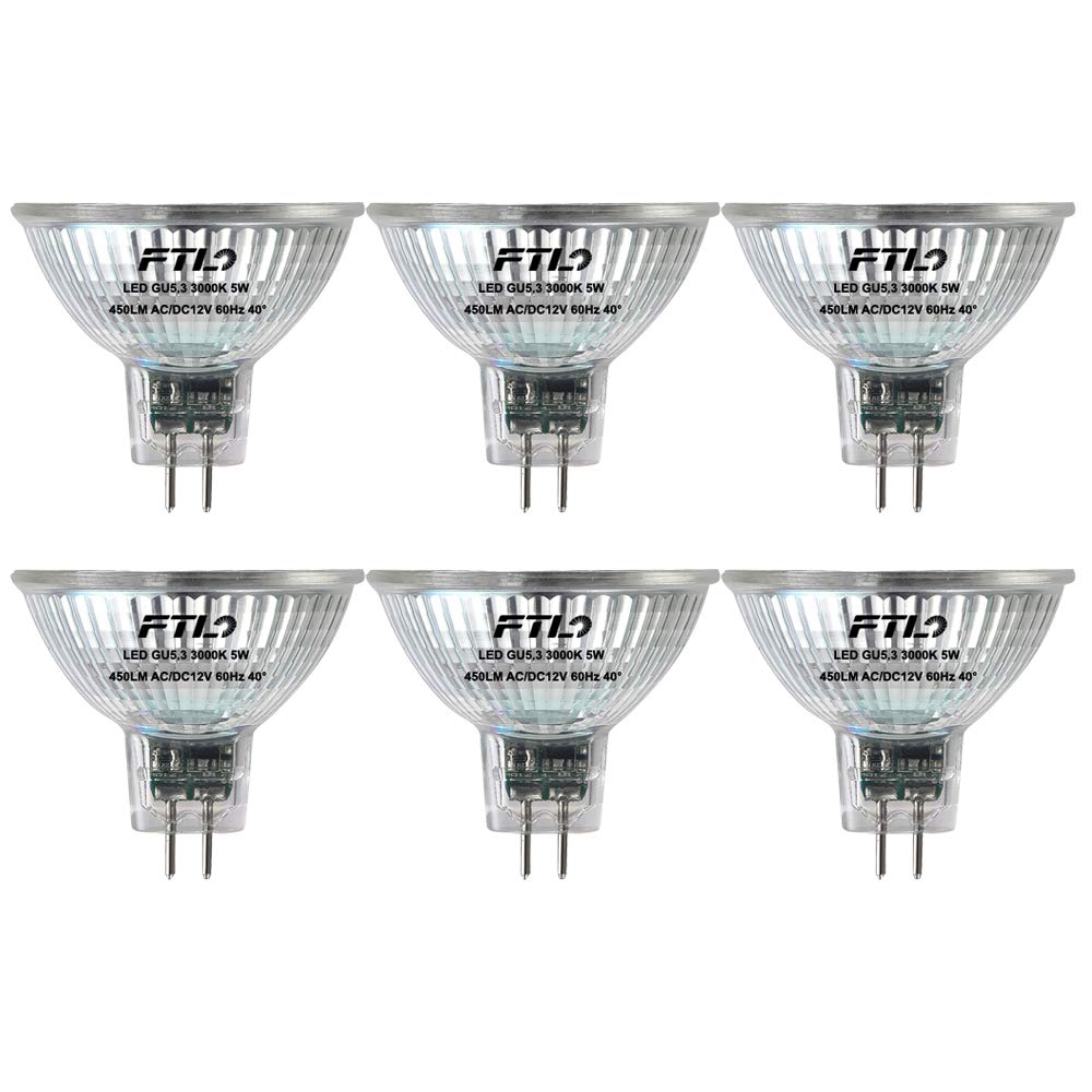 FTL MR16 LED Light Bulbs 3000K Warm White AC/DC 12V Non Dimmable Glass Cover 5W 500lm GU5.3 Spotlight 50W Halogen Replacement for Track Lighting and Outdoor Landscape 6-Pack