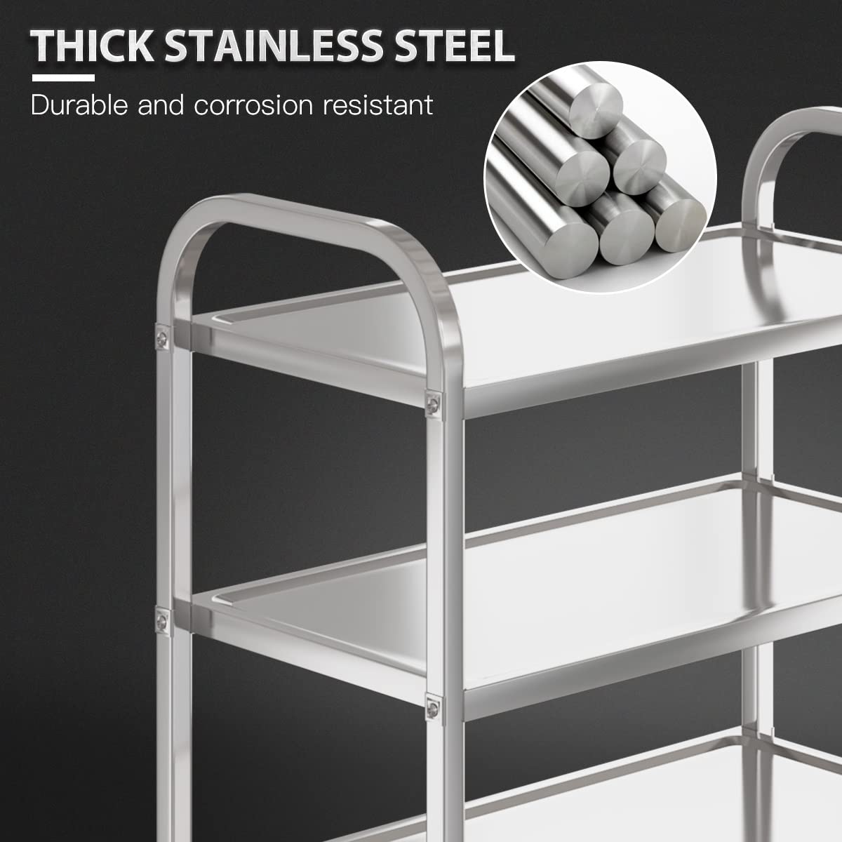 Amarite 3 Shelf Stainless Steel cart,400 lbs,1MM Thick，Serving cart with Wheels, Household, Service Trolley,360°Rotation Storage Shelf with Locking Wheels 29.5 * 15.7 * 37.4'' L*W*H S.