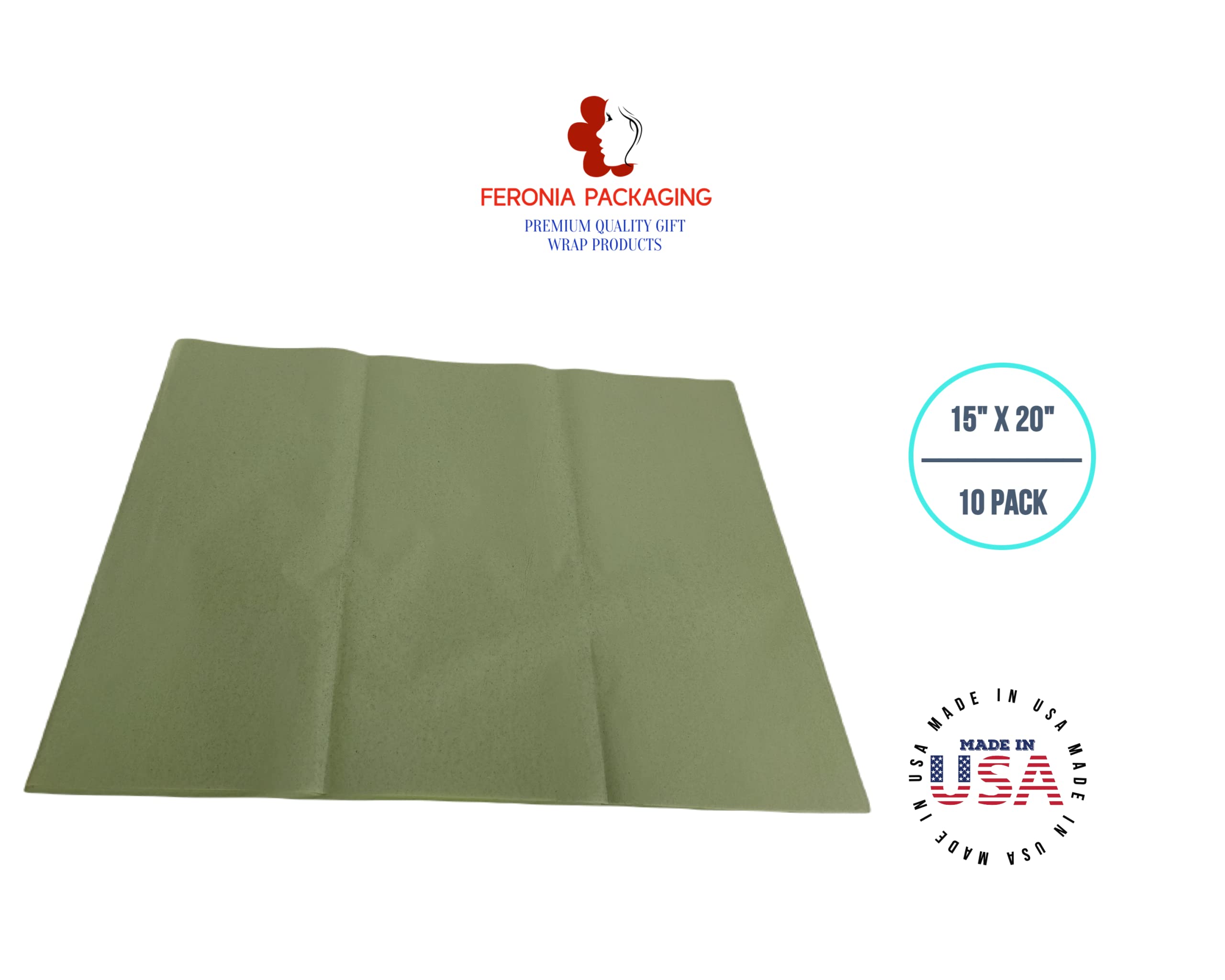 Feronia packaging Sage Tissue Paper Squares, Bulk 10 Sheets, Premium Gift Wrap and Art Supplies for Birthdays, Holidays, or Presents, Large 15 Inch x 20 Inch Made in USA