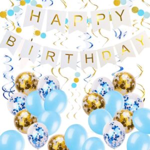 birthday decorations blue and gold for men,happy birthday banner white, blue balloons and gold confetti balloons hanging swirls, glitter circle dots for boy's birthday party, baby shower adults party