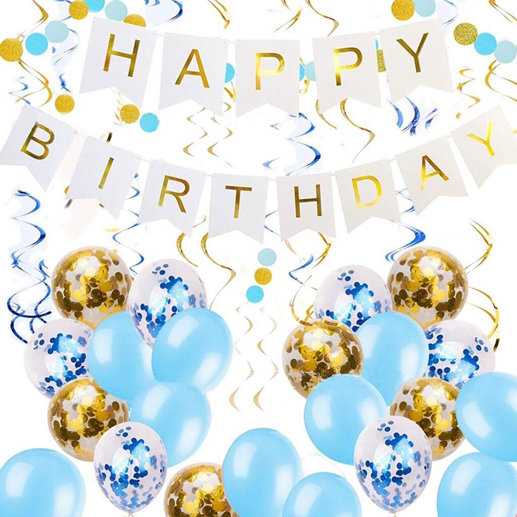 Birthday Decorations Blue and Gold for men,Happy Birthday Banner White, Blue Balloons and Gold Confetti Balloons Hanging Swirls, Glitter Circle Dots for Boy's Birthday Party, Baby Shower Adults Party