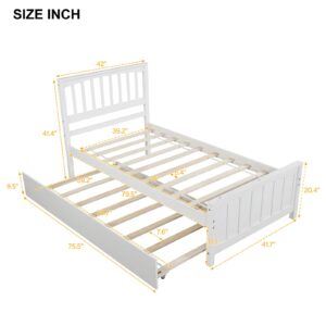 Harper & Bright Designs Twin Bed Frame with Trundle, Kids Platform Twin Bed with Pull Out Trundle,Solid Wood, No Box Spring Needed (White (Trundle))