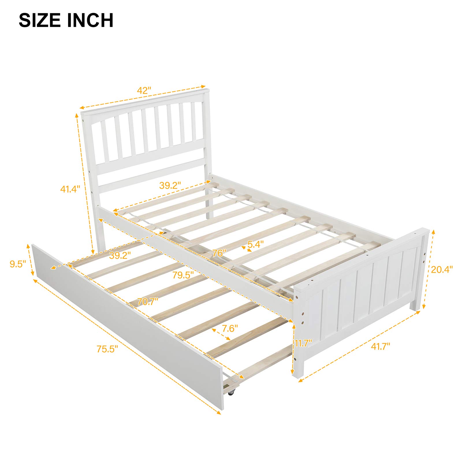 Harper & Bright Designs Twin Bed Frame with Trundle, Kids Platform Twin Bed with Pull Out Trundle,Solid Wood, No Box Spring Needed (White (Trundle))