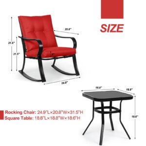 Crownland Outdoor Rocking Chairs Patio Furniture 3 Piece Patio Set Bistro Table Set Black Ironl with Thickened Cushions and Glass Coffee Table, Red