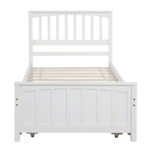 Harper & Bright Designs Twin Bed Frame with Trundle, Kids Platform Twin Bed with Pull Out Trundle,Solid Wood, No Box Spring Needed (White (Trundle))