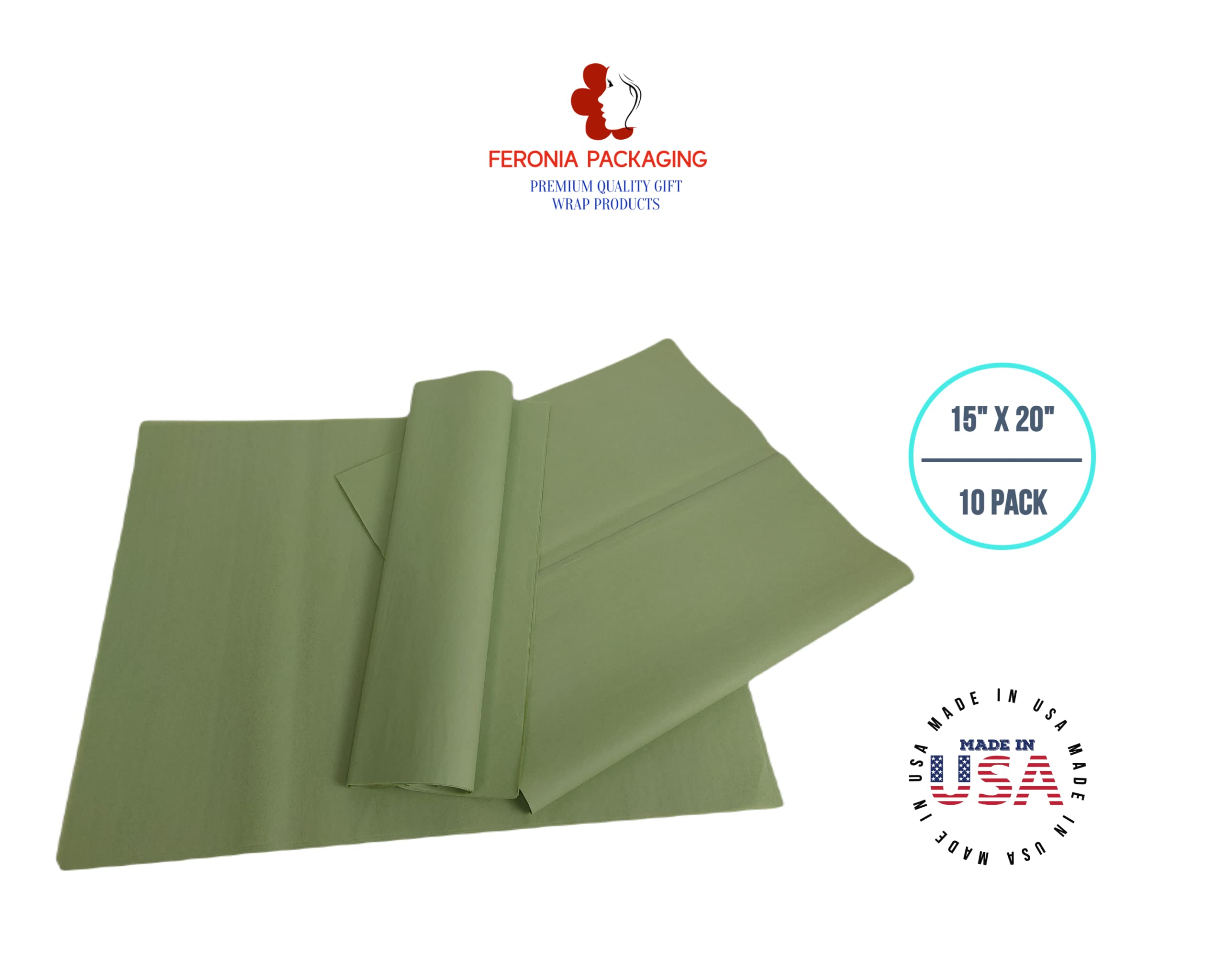 Feronia packaging Sage Tissue Paper Squares, Bulk 10 Sheets, Premium Gift Wrap and Art Supplies for Birthdays, Holidays, or Presents, Large 15 Inch x 20 Inch Made in USA