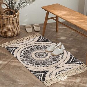 seavish tufted cotton rug, 2x3 black mandala boho rug, hand woven bohemian throw rugs, shag accent fringe tassel rug for bedroom bedside kitchen, laundry room rug