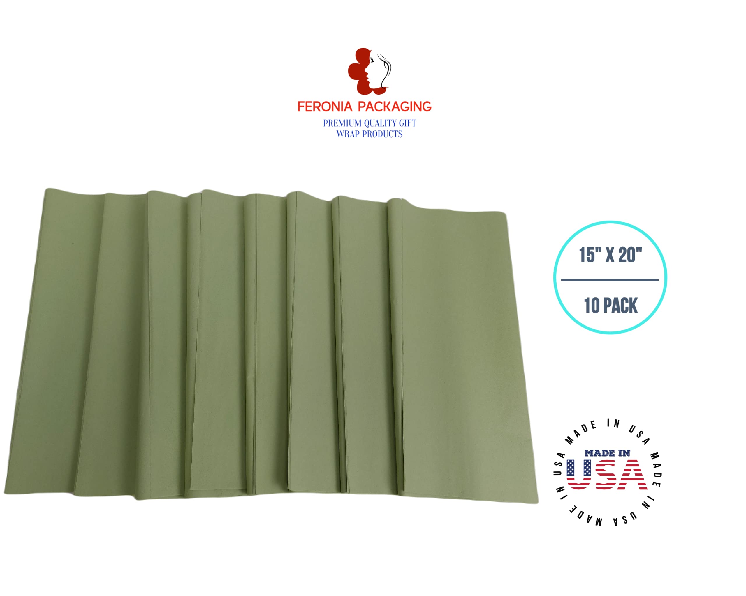 Feronia packaging Sage Tissue Paper Squares, Bulk 10 Sheets, Premium Gift Wrap and Art Supplies for Birthdays, Holidays, or Presents, Large 15 Inch x 20 Inch Made in USA